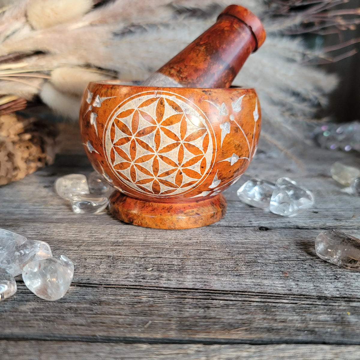 Soapstone Mortar & Pestle – Orange Flower of Life | Sacred Geometry ...